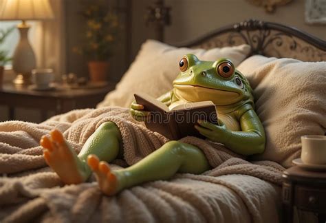 Cute Frog Reading In Bed Cozy Home Scene Generative Ai Stock