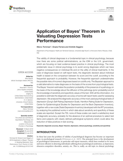 Pdf Application Of Bayes Theorem In Valuating Depression Tests