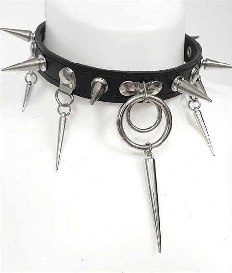 Double Ring And Spikes Leather Choker Black Metal Collar Etsy
