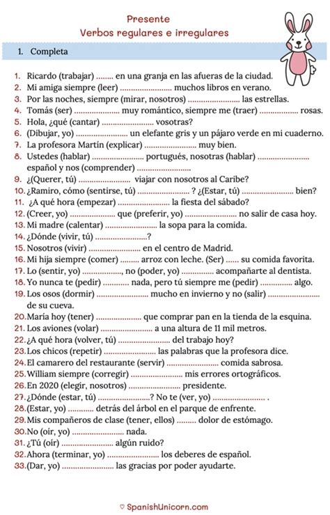 Presente Indicativo Ejercicios De Español Verbos En Espanol Verbos