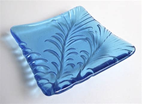 Turquoise Fused Glass Feather Imprint Square Plate By Bprdesigns Etsy