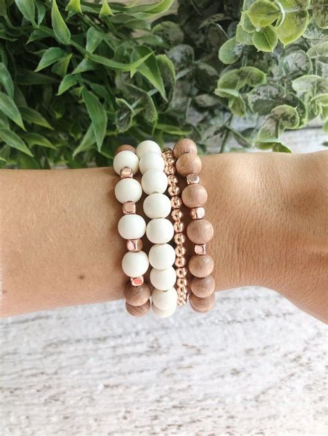 Rose Wood Beaded Bracelet Set White Wood Minimalist Bead Etsy