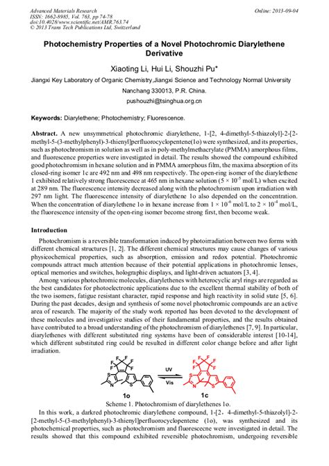 Photochemistry Properties Of A Novel Photochromic Diarylethene