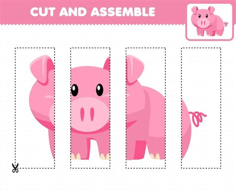 Jogo educativo para crianças cortando prática e montando quebra cabeça porco animal de