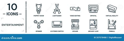 Entertainment Linear Icon Set Includes Thin Line Puppet Show Video