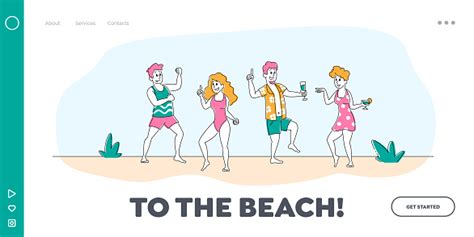 열대 리조트 랜딩 페이지 템플릿에서 디스코텍 현대 음악을 재생여름 시간 해변 파티에서 해변에서 춤과 음주 젊은 사람들 문자 선형 사람 벡터 일러스트레이션 음악에 대한 스톡