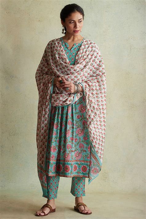 Buy Gulzar Naima Block Printed Narrow Pants Turquoise Narrow Pants