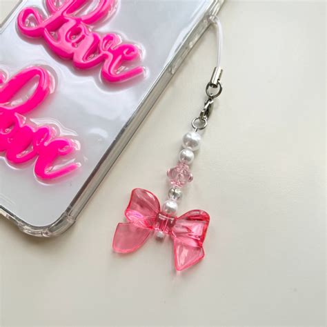 핑크 리본 진주 폰 고리 비즈 키링 아이디어스