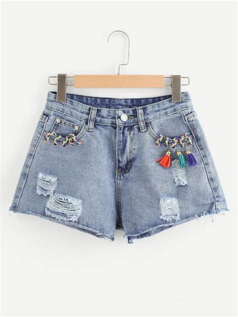 Tassel Detail Ripped Denim Shorts Ripped Denim Shorts Girls Fashion