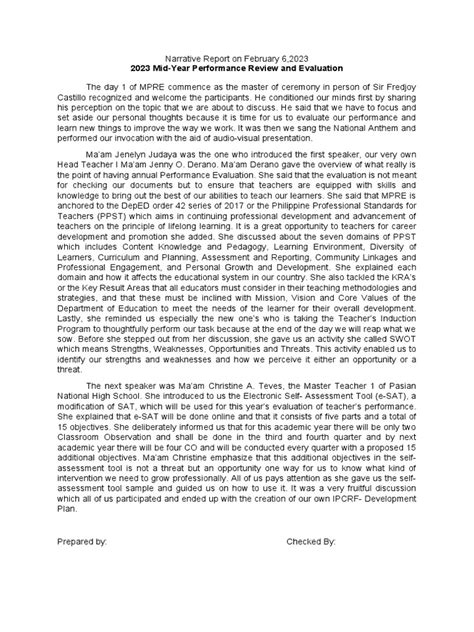 Day 1 Mpre Narrative Report Pdf Teachers Learning