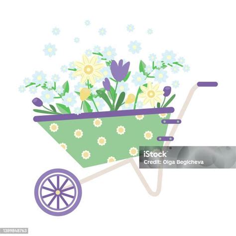 봄 여름의 심플한 일러스트세트 보라색 물 수 있습니다 물방울 무늬 정원 화분 노란색과 라일락 튤립 녹색 잎 물방울 식물 꽃다발 카트 푸른 꽃 튤립 녹색 잎 곤충 집 흰색의