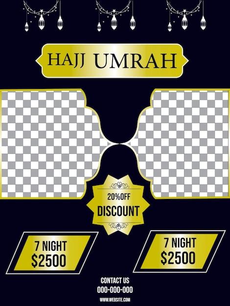 Hajj 및 Umrah 럭셔리 패키지 전단지 라마단 카림 전단지 템플릿 이슬람 브로셔 포스트 아랍어 전화 프리미엄 벡터