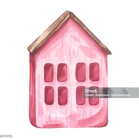 그놈이나 엘프를 위한 경사진 지붕이 있는 장밋빛 빨간 장난감 나무 작은 집 크리스마스 새해를 위한 장식 손으로 그린 수채화 그림은 흰색 배경에 고립되어 있습니다 엽서