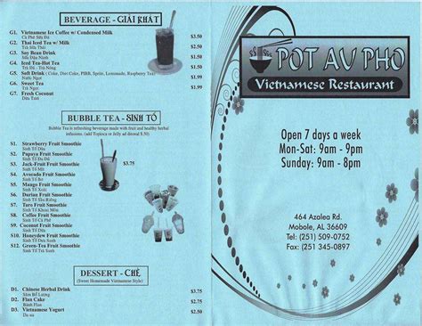 Menu At Pot Au Pho Mobile Al Restaurant Mobile