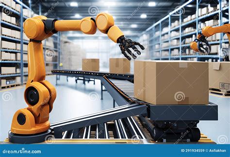Industrial Ai Robot Arm Working With Cardboard Box On Roll Royalty Free