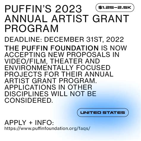 2023 Annual Artist Grant Program Puffin Foundation Opportunity