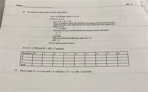 Solved Name Id A 22 Construct A Trace Table For The