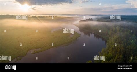 Aerial Panoramic Landscape With Sunset Over The River And Beautiful