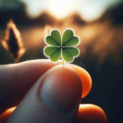 Four Leaf Clover Held Between Finger Tips In Bright Sunlight Stock