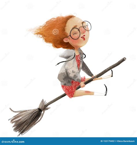 Funny Red Haired Girl Witch On A Broomstick Stock Illustration
