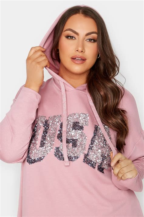 Yours Plus Size Curve Blush Pink Blue Usa Slogan Longline Hoodie