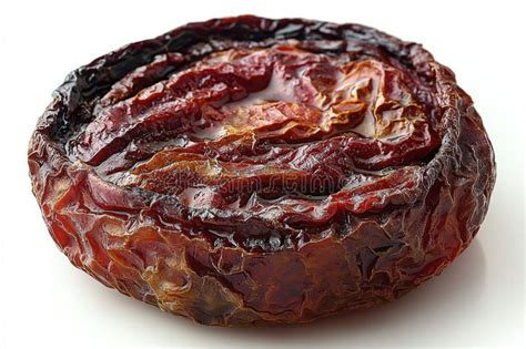 Sun Dried Tomato Rests On Clean White Background Revealing Its Wrinkled Texture And Vibrant Red
