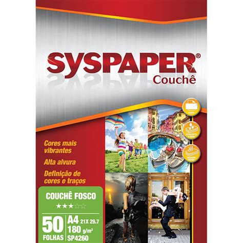 PAPEL COUCHÊ A4 BRANCO 180G FOSCO C 50 FLS SYSPAPER Papelaria Zap