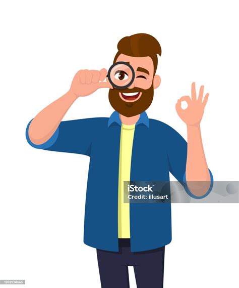 눈을 윙크하면서 돋보기를 통해 보고 괜찮은 제스처를 보여주는 젊은 남자 돋보기 렌즈를 들고 Ok 사인을 만드는 트렌디한 사람 루페와 남성 캐릭터 벡터 일러스트 만화입니다