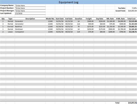Equipment Log Excel Template Construction Logs