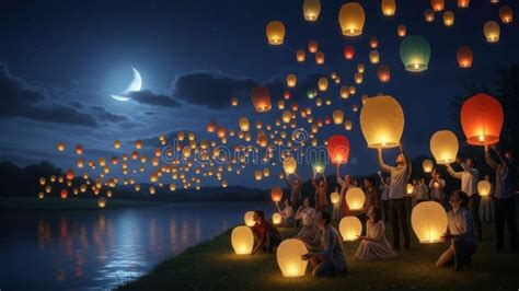 People Releasing Floating Lanterns Over Water During Night Stock