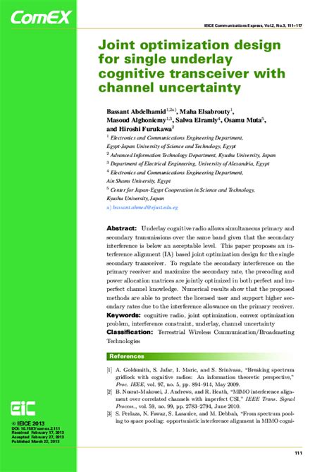 Pdf Joint Optimization Design For Single Underlay Cognitive