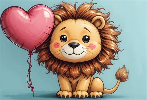 Безплатна снимка Сладък лъв до балон във формата на сърце графика в анимационен стил