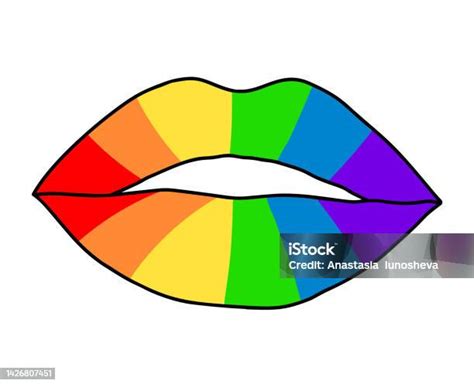 무지개 색깔의 입술의 실루엣 Lgbt 프라이드 월 로고 벡터 플랫 일러스트레이션 Lgbt 프라이드의 달에 대한 스톡 벡터 아트