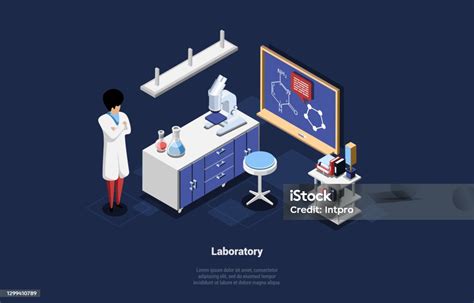 實驗室和科學家在黑暗背景與寫作的向量圖卡通 3d 樣式中的等軸測構圖科學元素和實驗室內部與男性性格在白色長袍向量圖形及更多人圖片 Istock