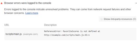 browser errors were logged to the console lighthouse chrome for