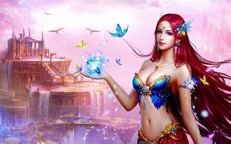 Fantasy Women Blue Blue Eyes Butterfly Castle Long Hair Magic