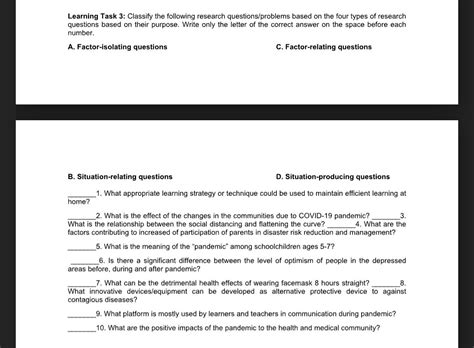 learning task 3 classify the following research questions problems
