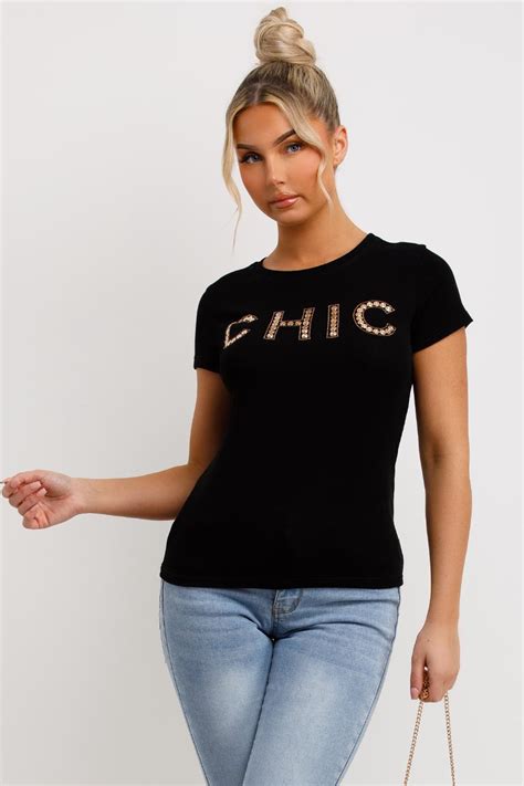 Womens Chic Diamante T Shirt Black Uk