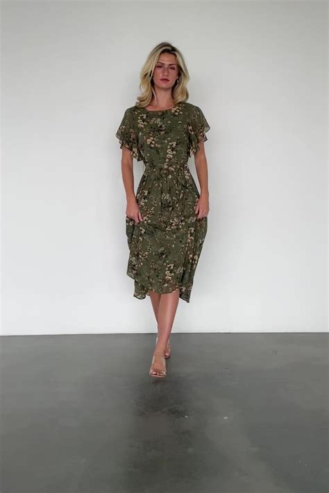Laurel Midi Dress Olive Floral Chiffon Midi Baltic Born