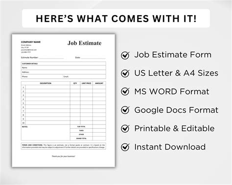 Job Estimate Template Printable Editable Work Estimate Form