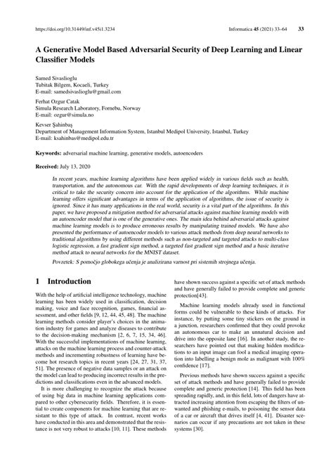 Pdf A Generative Model Based Adversarial Security Of Deep Learning And Linear Classifier Models