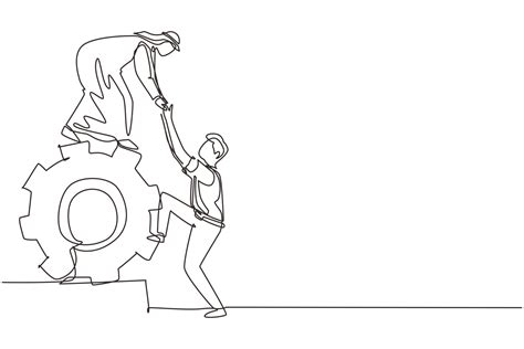 Single One Line Drawing Two Arabic Businessmen Helping Each Other On