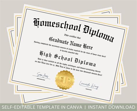 Editable Homeschool Diploma With Gold Seal Printable Homeschool