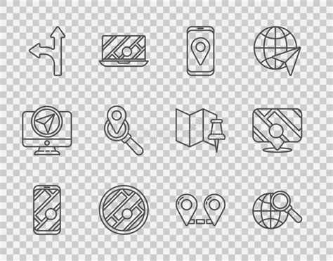 Set Line City Map Navigation Magnifying Glass With Globe Folded Location Road Traffic Sign