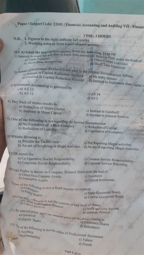 Papersubject Code 23101 Financial Accounting And Auditing Vii F Finan