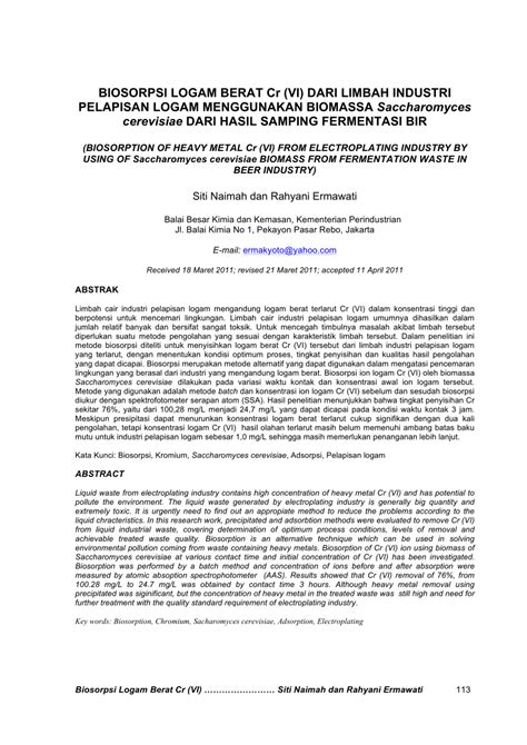 PDF Biosorpsi Logam Berat Cr VI Dari Limbah Industri Pelapisan Logam Menggunakan Biomassa