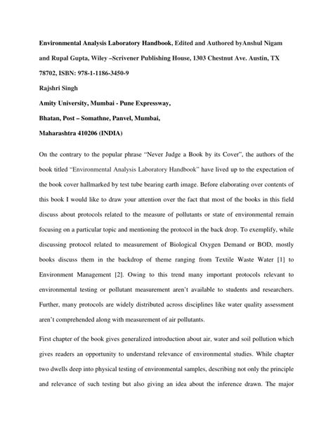 Pdf Book Reviewenvironmental Analysis Laboratory Handbook