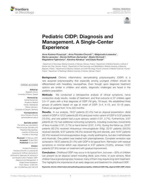 Pdf Pediatric Cidp Diagnosis And Management A Single Center Experience