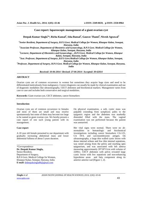 Pdf 9 Case Report Laparoscopic Management Of A Giant Ovarian Cyst