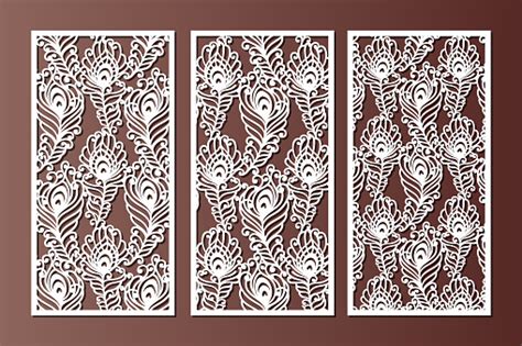 레이저 컷 장식 패널 12 템플릿 공작 깃털 패턴으로 설정 결혼식 초대장 또는 인사말 카드를위한 템플릿 캐비닛 프렛워크 화면 금속 디자인 나무 조각 벡터 0명에 대한 스톡